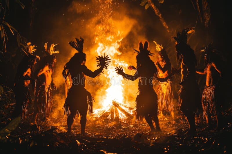 Tribe Members Dancing Around Bonfire, Celebrating Ancient Rituals Under ...