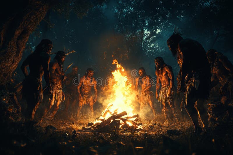 Tribe Members Dancing Around Bonfire, Performing Night Ritual in ...