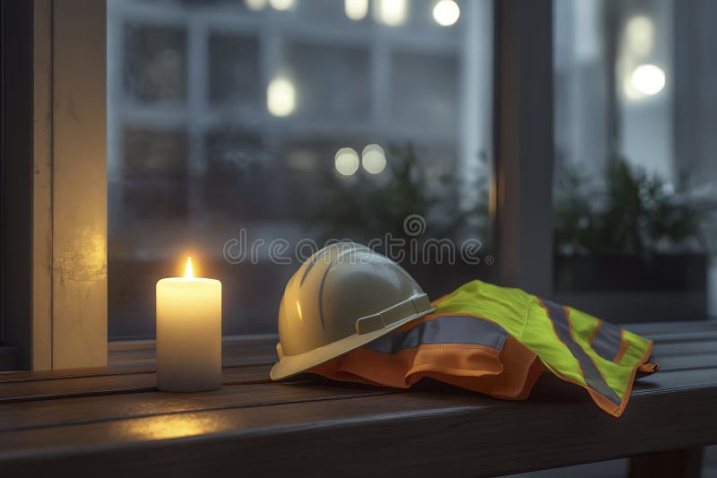 Tribute To Fallen Workers with Hard Hat Candle and Safety Vest Stock ...