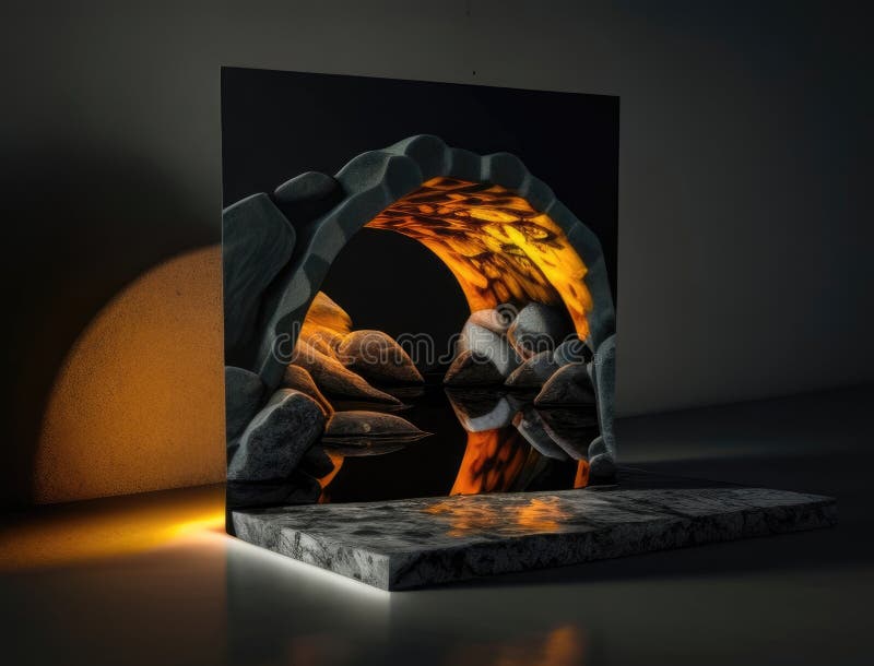 Trickle of Molten Light Under a Granite Bridge. Podium, Empty Showcase ...