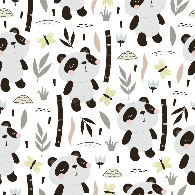 Seamless Pattern with Cartoon Pandas, Bamboo, DÃ©cor Elements. Colorful ...