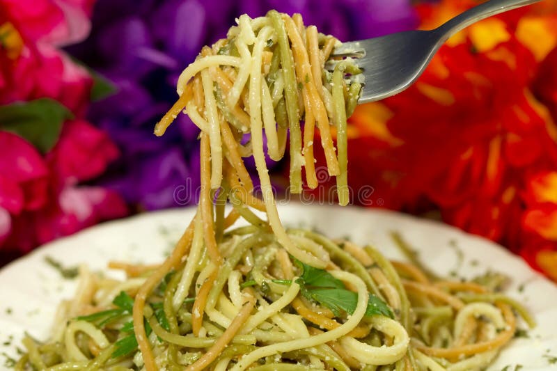 Tricolor Spaghetti on Fork stock image. Image of italian - 16391367