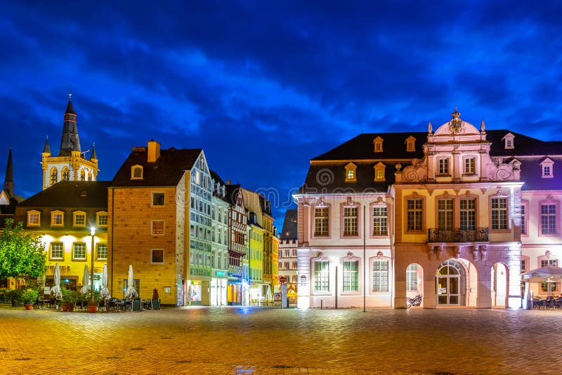 TRIER, GERMANY, AUGUST 14, 2018: Night View of Domfreihof Square in ...