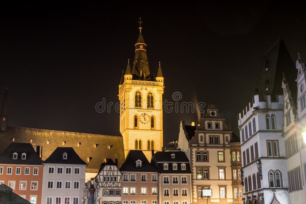 Trier Germany Hauptmarkt at Night Stock Photo - Image of bright ...