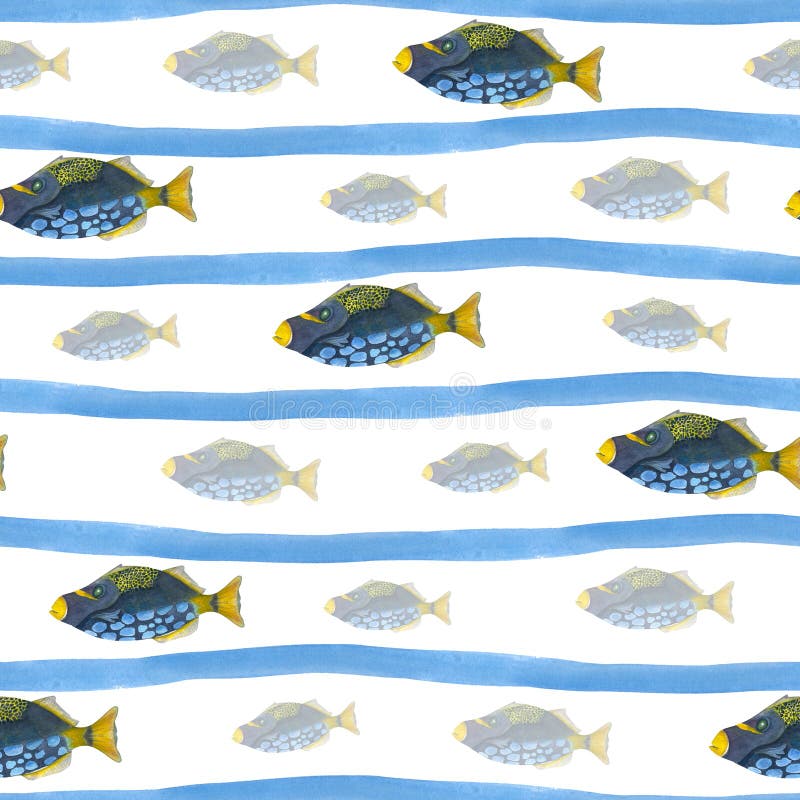 Triggerfish Swimming among Abstract Wavy Blue Lines Watercolor Seamless ...