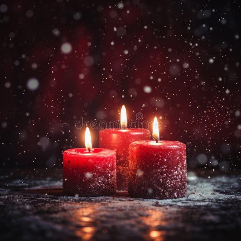 Trilogy of Warmth: Three Red Candles Amidst Serene Falling Snow Stock ...