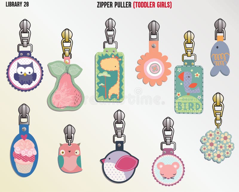 Trendy and Cute Character Zipper Slider and Pullers Stock Vector ...