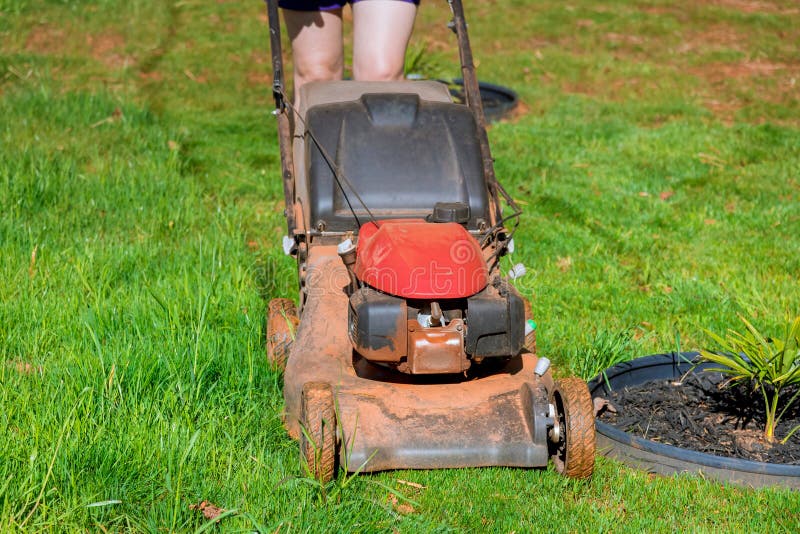 Trimming Lawns Cutting Grass in Backyard of His Home with a Lawn Mower ...