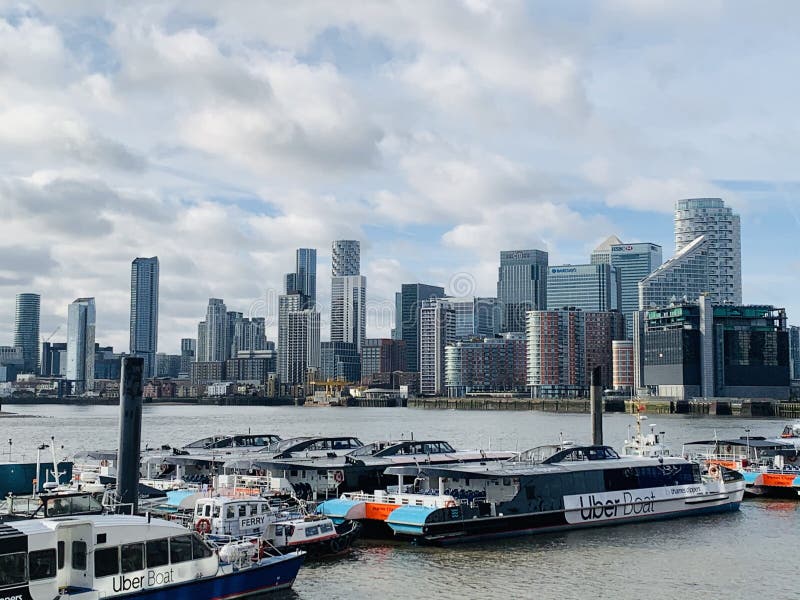 Trinity Buoy Wharf with Uber Taxi Boats on the River Thames in London`s ...