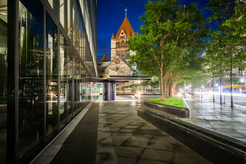 Trinity Church and a Modern Building at Copley at Night, in Back ...