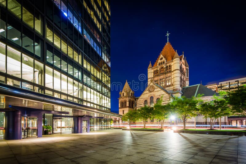 Trinity Church and a Modern Building at Copley at Night, in Back ...