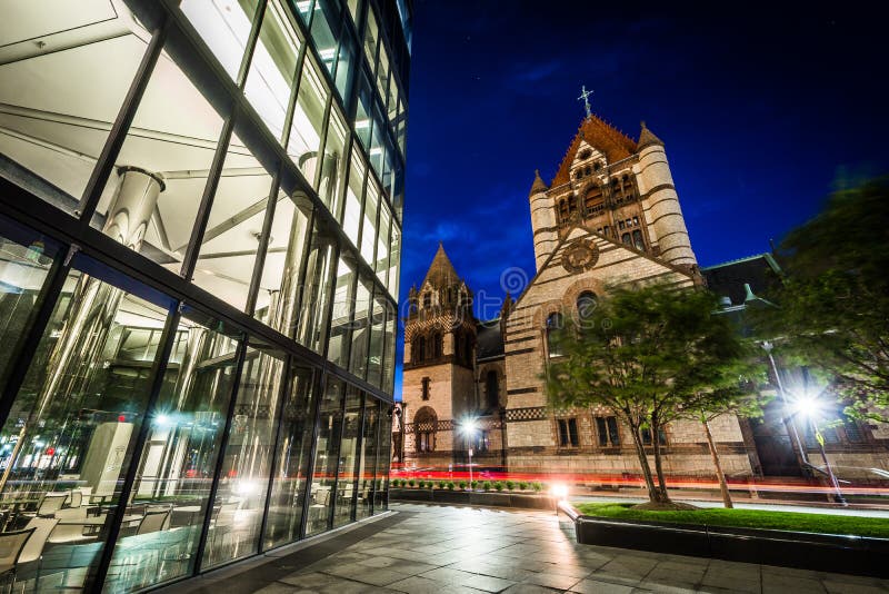Trinity Church and a Modern Building at Copley at Night, in Back Stock ...