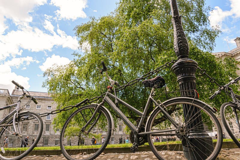 Trinity College Dublin with Parked Bicycle on Cobblestone Path Stock ...
