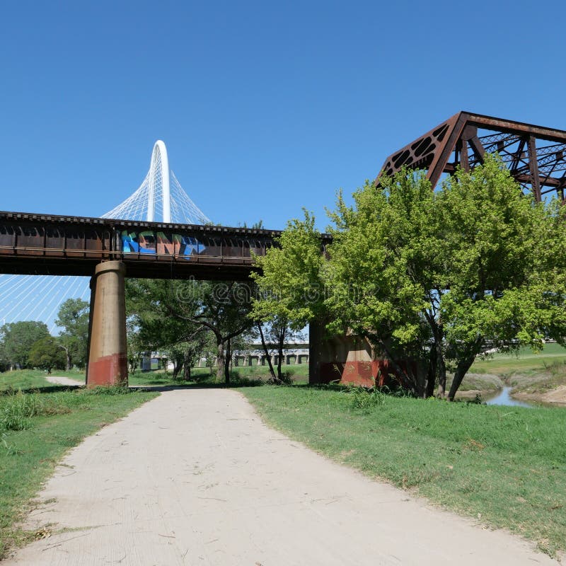 Trinity River Trail with Railroad Trestle and Margaret Hunt Hill Bridge ...