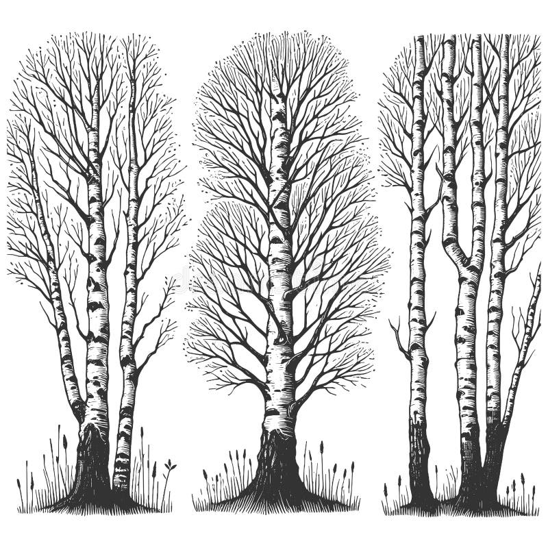 Trio Of Bare Birch Trees Engraving Vector Stock Vector Illustration Of Sketch Graphic 315171736