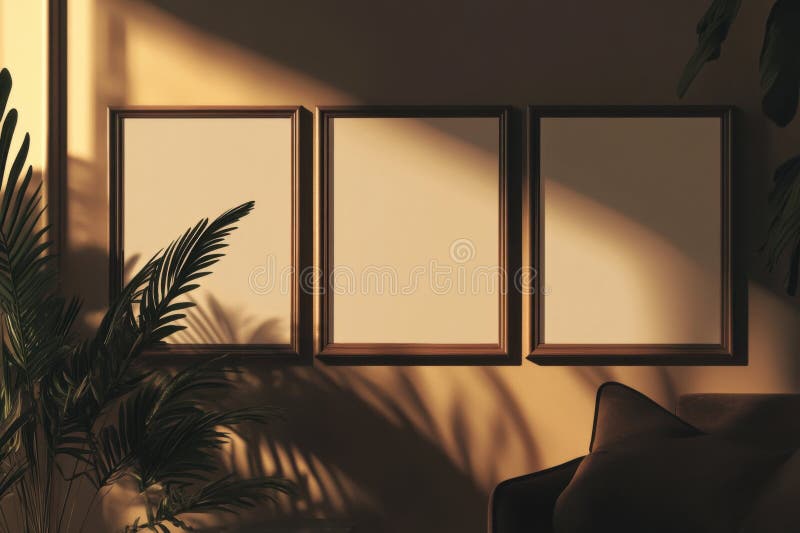 Trio of Blank Poster Frames Set Against a Dark Minimalist Backdrop with ...