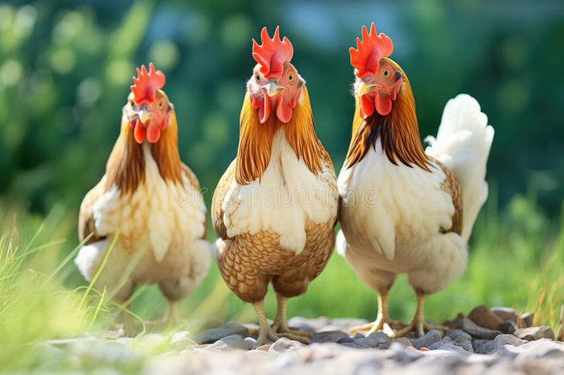 Trio of Chickens in a Shaded Grass Area Stock Illustration ...