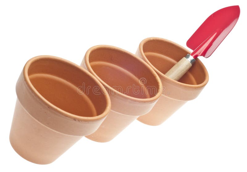 Trio of Clay Pots with Red Shovel Stock Photo - Image of empty, clay ...