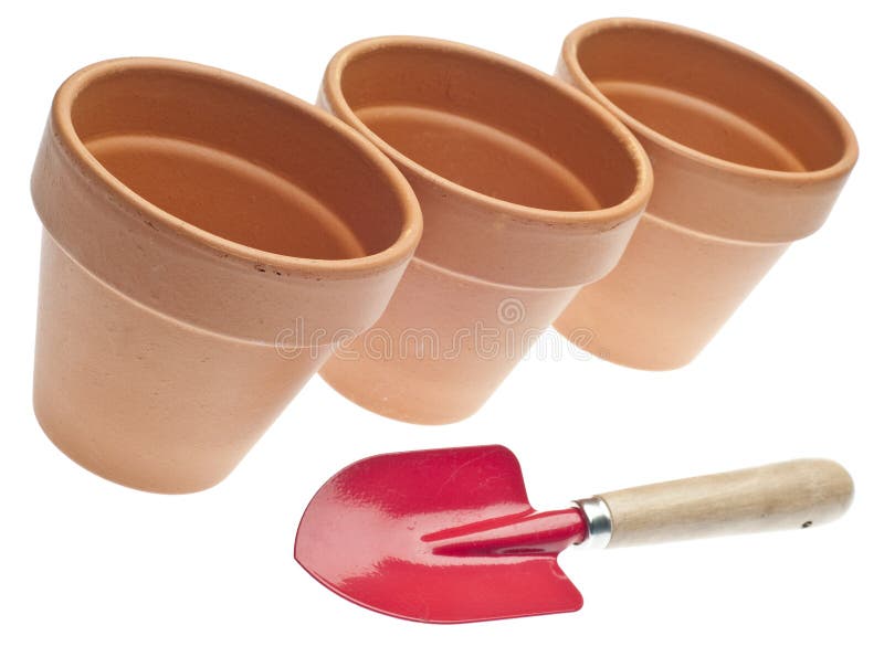 Trio of Clay Pots with Red Shovel Stock Image - Image of garden, tool ...
