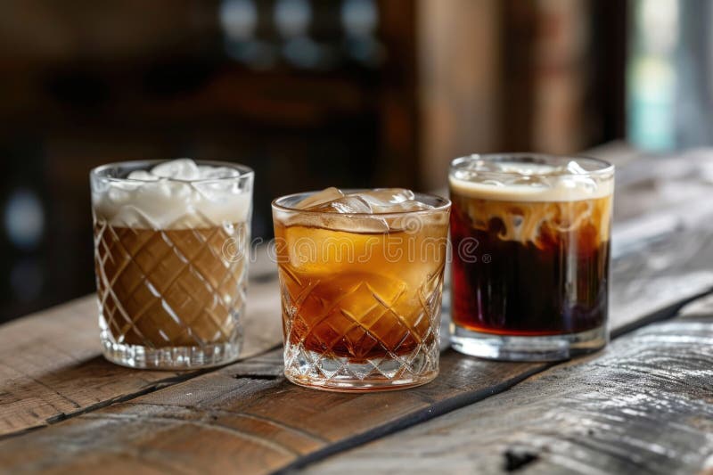 Trio of Crafted Coffees on Wood Stock Illustration - Illustration of ...