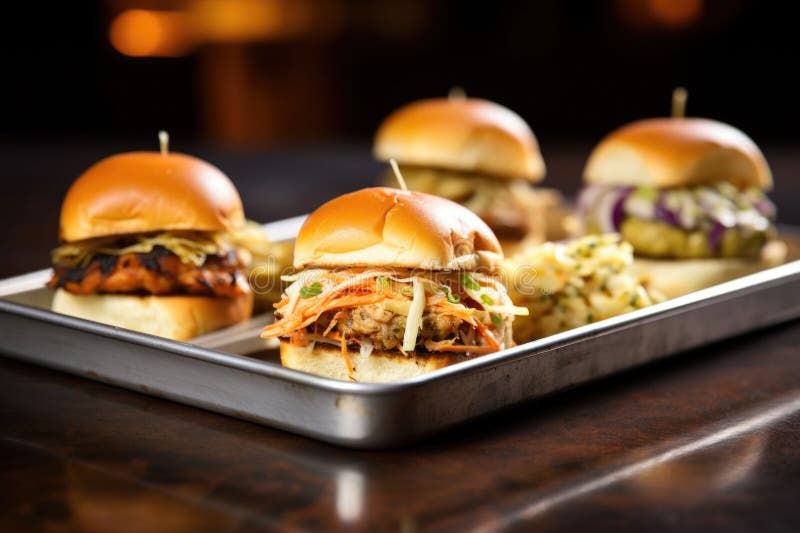 Trio of Different Bbq Sliders Grouped on a Metal Tray Stock Image ...