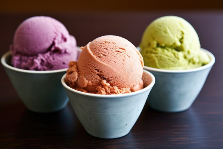 A Trio of Different-colored Ice Cream Scoops in a Bowl Stock ...