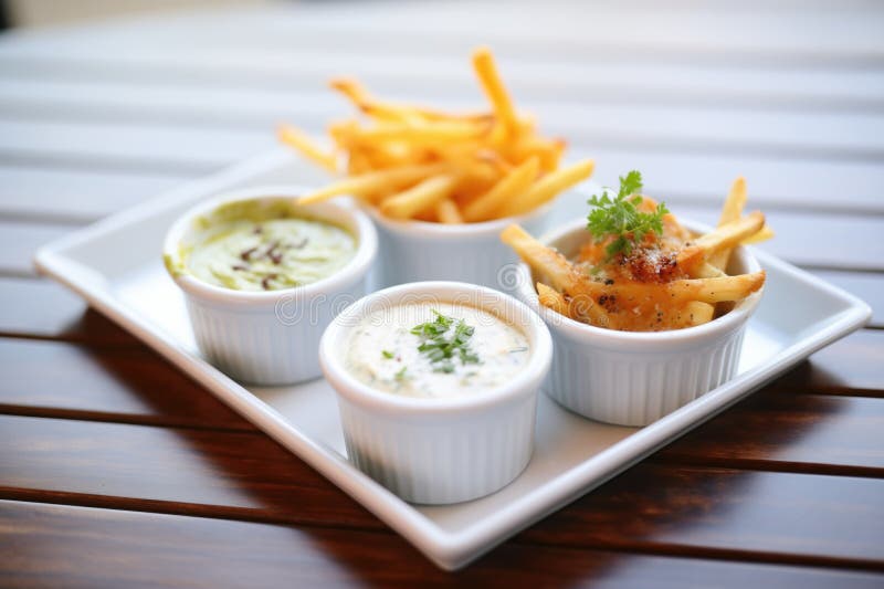 Trio of Dips with a Side of Fries Stock Photo - Image of platter, fries ...