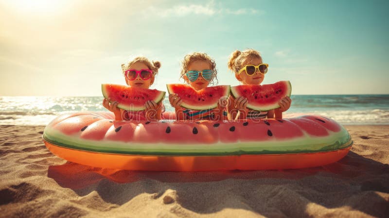 The Trio Enjoying Watermelon on a Whimsical Inflatable at the Beach AI ...