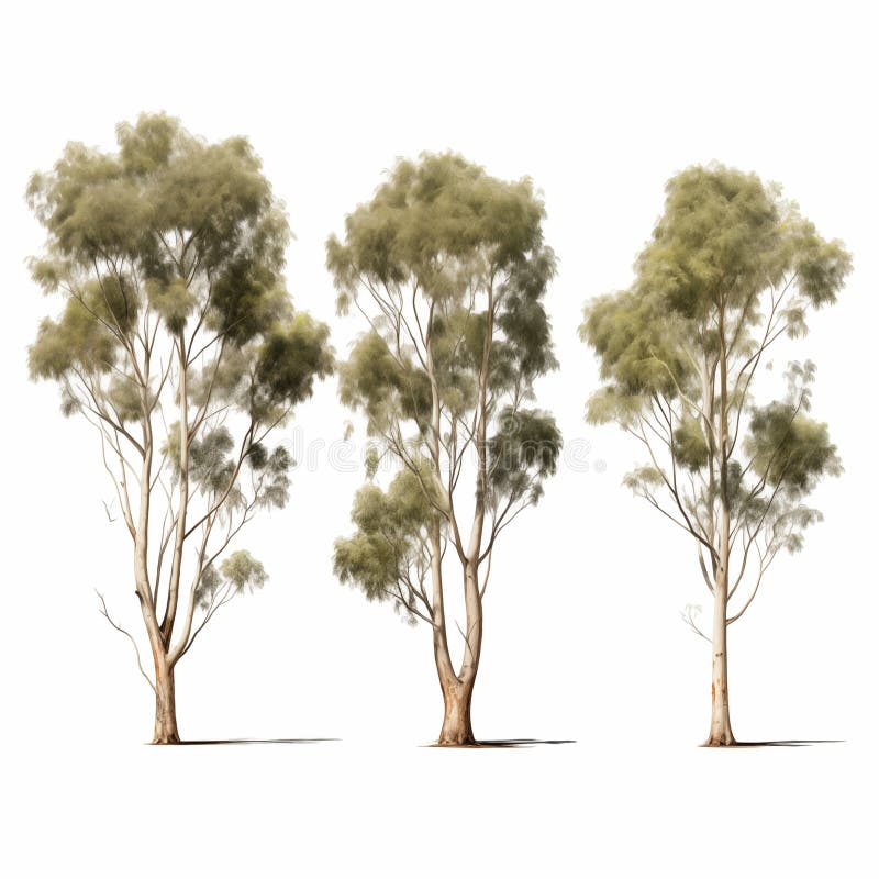 Trio of Eucalyptus Trees with Lush Green Canopy on White Background ...