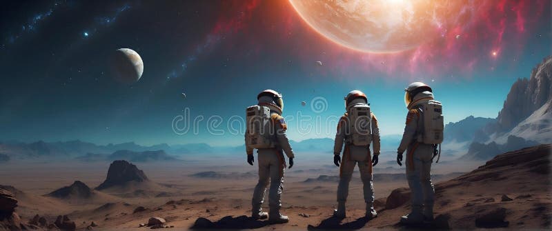Trio of Explorers Standing on a Desolate Exoplanet, Gazing at ...