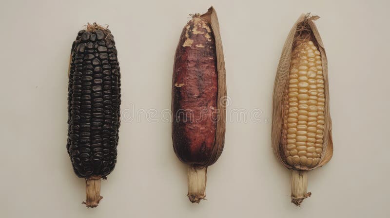 Trio of Heritage Corn: Black, Red, and Yellow Maize Varieties Stock ...