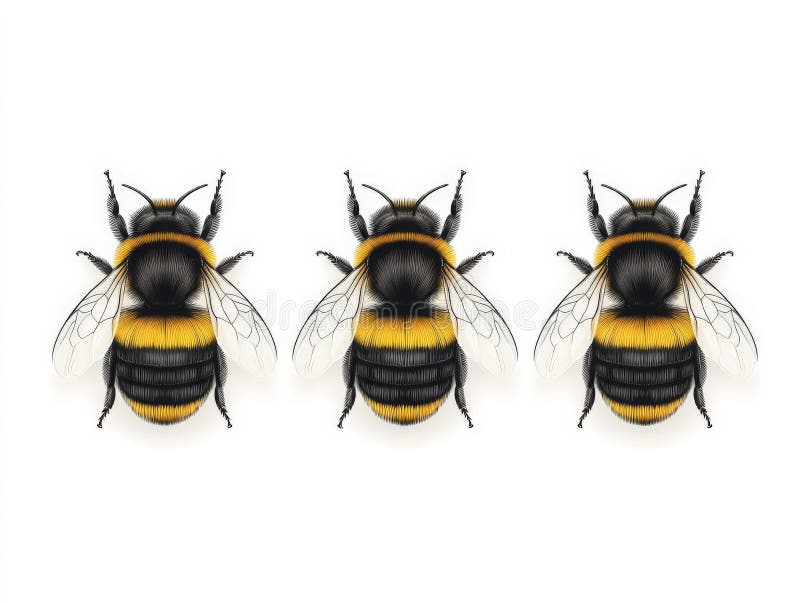 Trio of Honeybees Aligned in Minimalistic Design on Plain Background ...