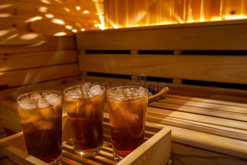 Trio of Iced Tea Glasses on Lower Sauna Bench Stock Image - Image of ...