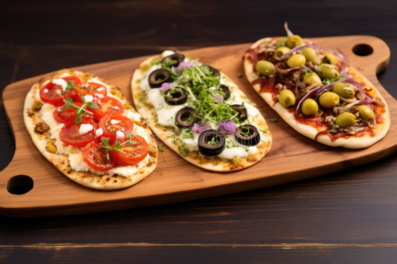 A Trio of Mini Flatbread Pizzas with Different Toppings on a Long ...
