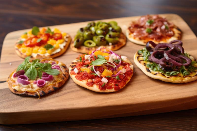 A Trio of Mini Flatbread Pizzas with Different Toppings on a Long ...