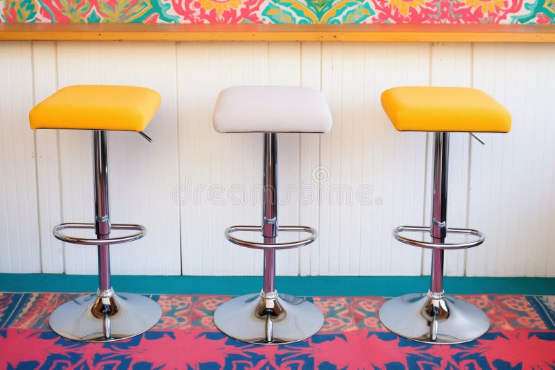 A Trio of Neon, Contemporary Bar Stools on a Vibrantly Patterned Rug ...