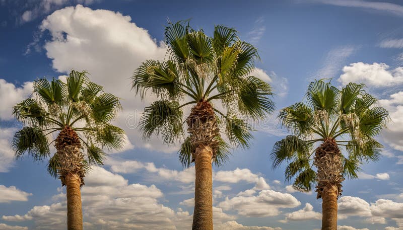 Trio of Palm Trees Against a Vibrant Sky with Fluffy Clouds Stock ...
