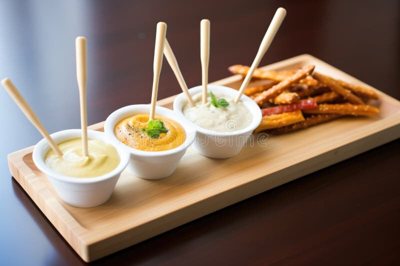 Trio of Pretzels with a Triple Cheese Dip Serving Set Stock Photo ...
