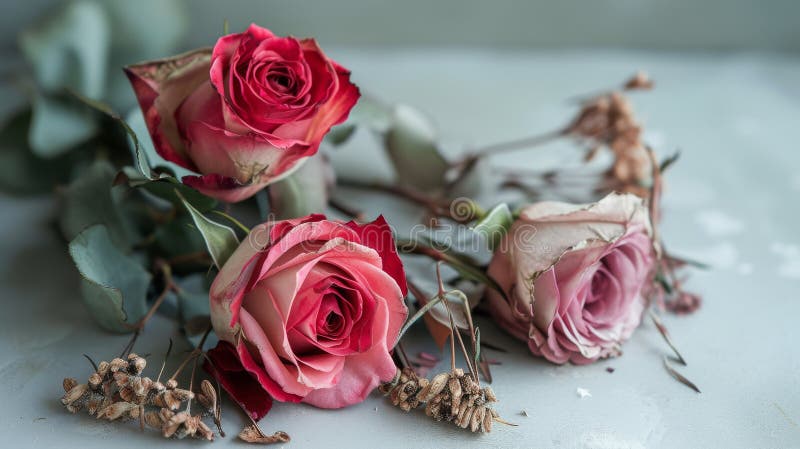 Trio of Roses with Dried Flowers on Soft Background Stock Photo - Image ...