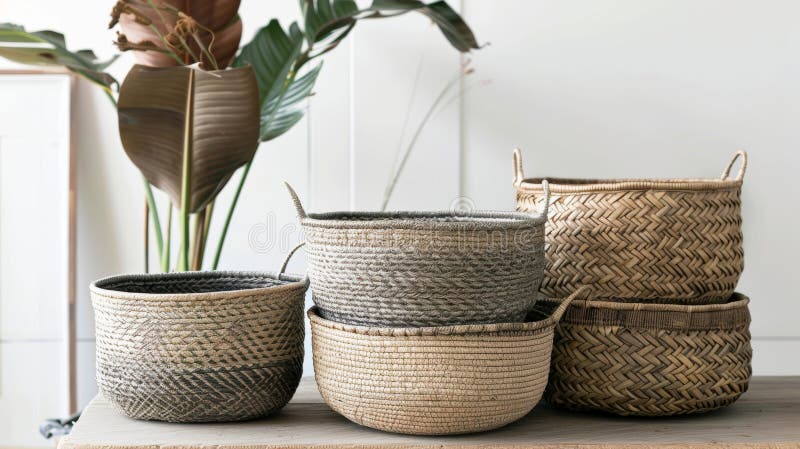 A Trio of Round Baskets Each with a Different Woven Pattern and Made ...
