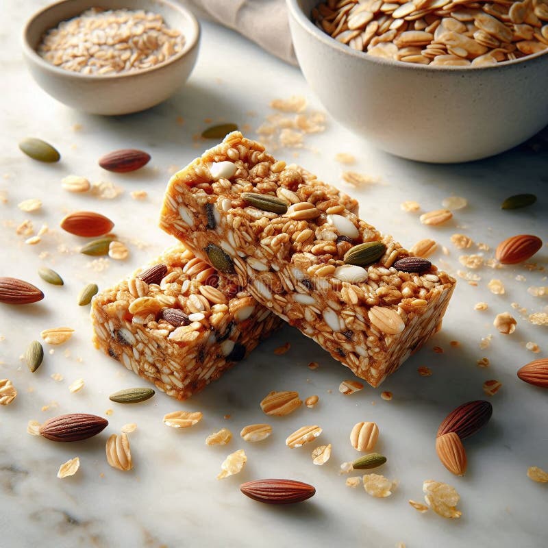 A Trio of Seed and Nut Bars Rests on a Sleek Marble Surface Stock ...