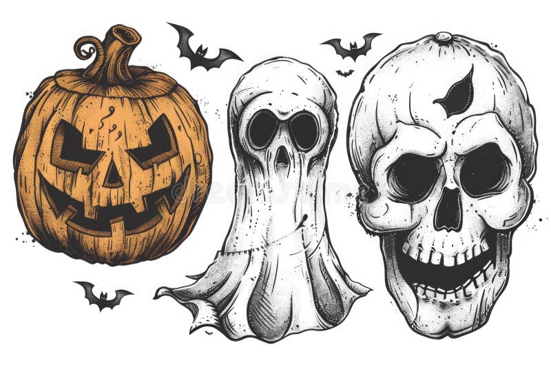 A Trio of Skulls and a Pumpkin on a White Background, Great for ...