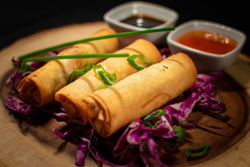 A Trio of Spring Rolls Close Up Stock Image - Image of close, chicken ...