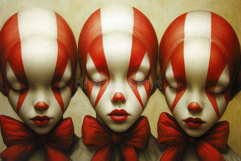 Trio of Surreal Clown Faces with Red and White Patterns and Bows Stock ...