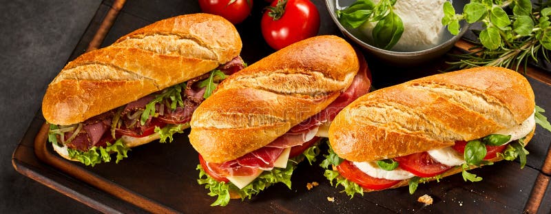 Trio of Three Fresh Sandwiches Stock Photo - Image of cheese ...