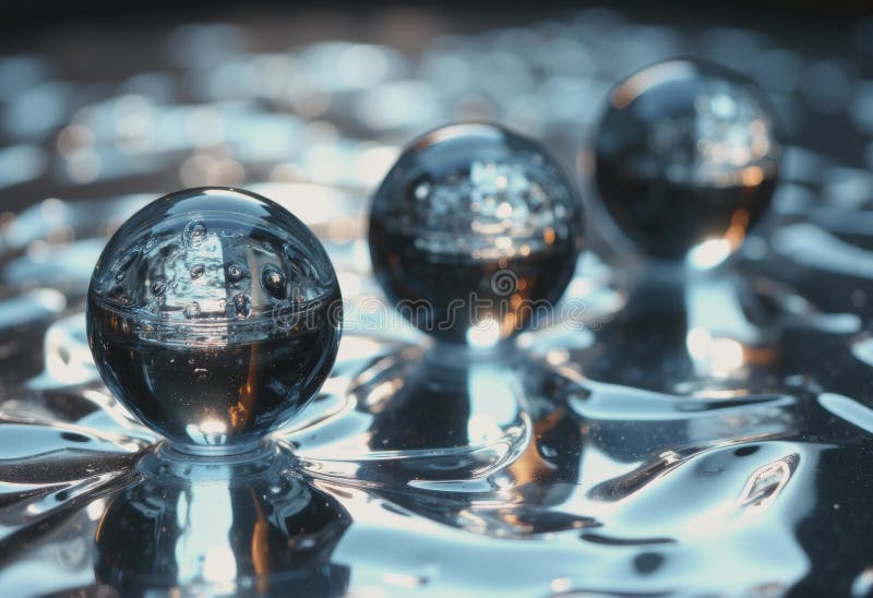 Trio of Transparent Glass Spheres on a Reflective Surface, Creating a ...