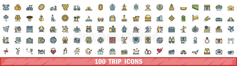 100 Trip Icons Set, Color Line Style Stock Vector - Illustration of ...