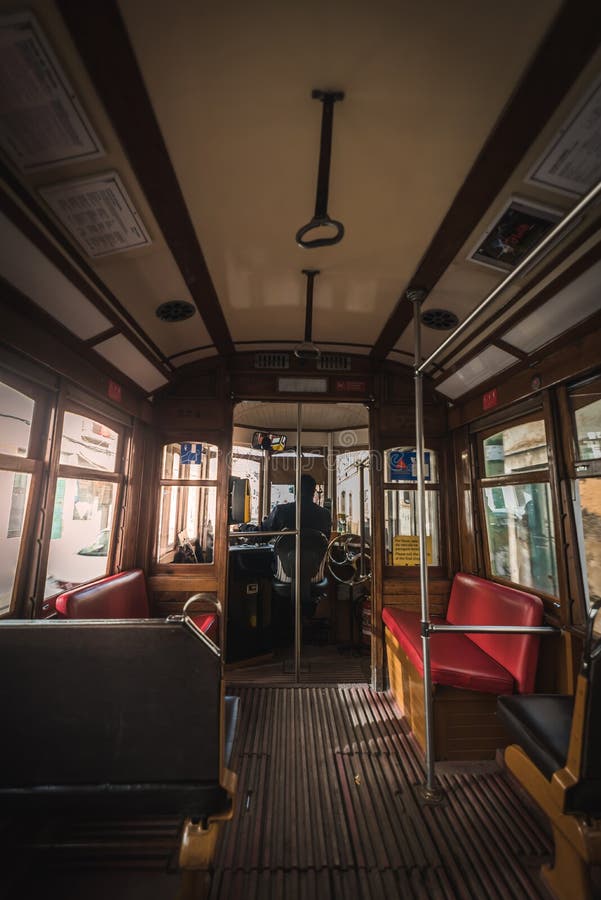 Trip Inside Lisbon Old Tram with Empty Seats and Handles Editorial ...