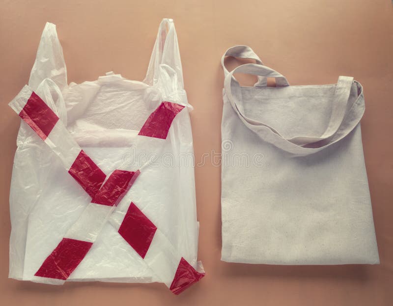 Plastic Bag and White Fabric Bag. Stop Plastic Stock Photo - Image of ...