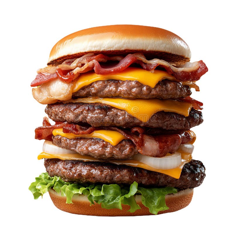 Triple Bacon Cheeseburger with Lettuce and Onion on a Bun Stock ...